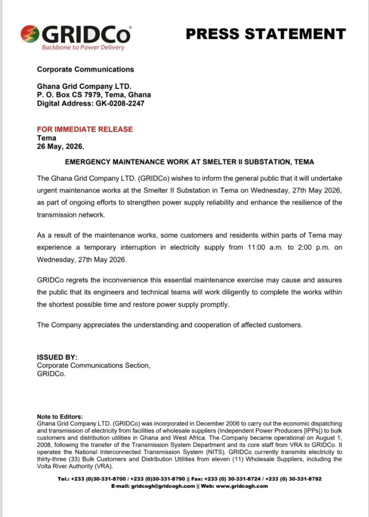 GRIDCo announces emergency maintenance works at smelter II substation ...